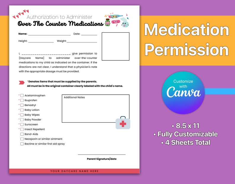 Daycare Medication Forms: Medication Authorization Form, Medication Log ...