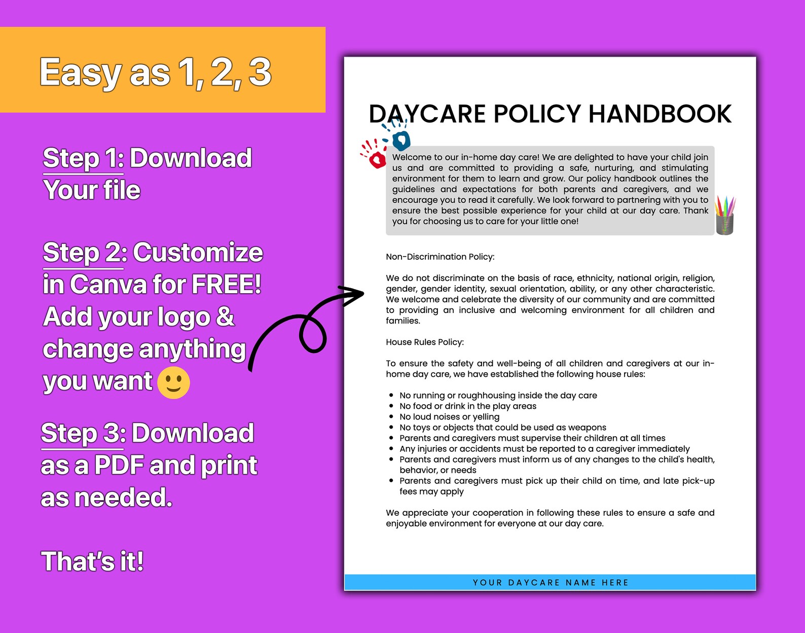 Daycare Parent Handbook: Policies and Procedures, Childcare, Preschools ...