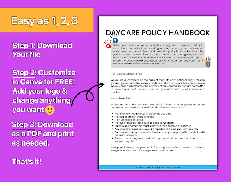 Daycare Parent Handbook: Policies and Procedures, Childcare, Preschools ...