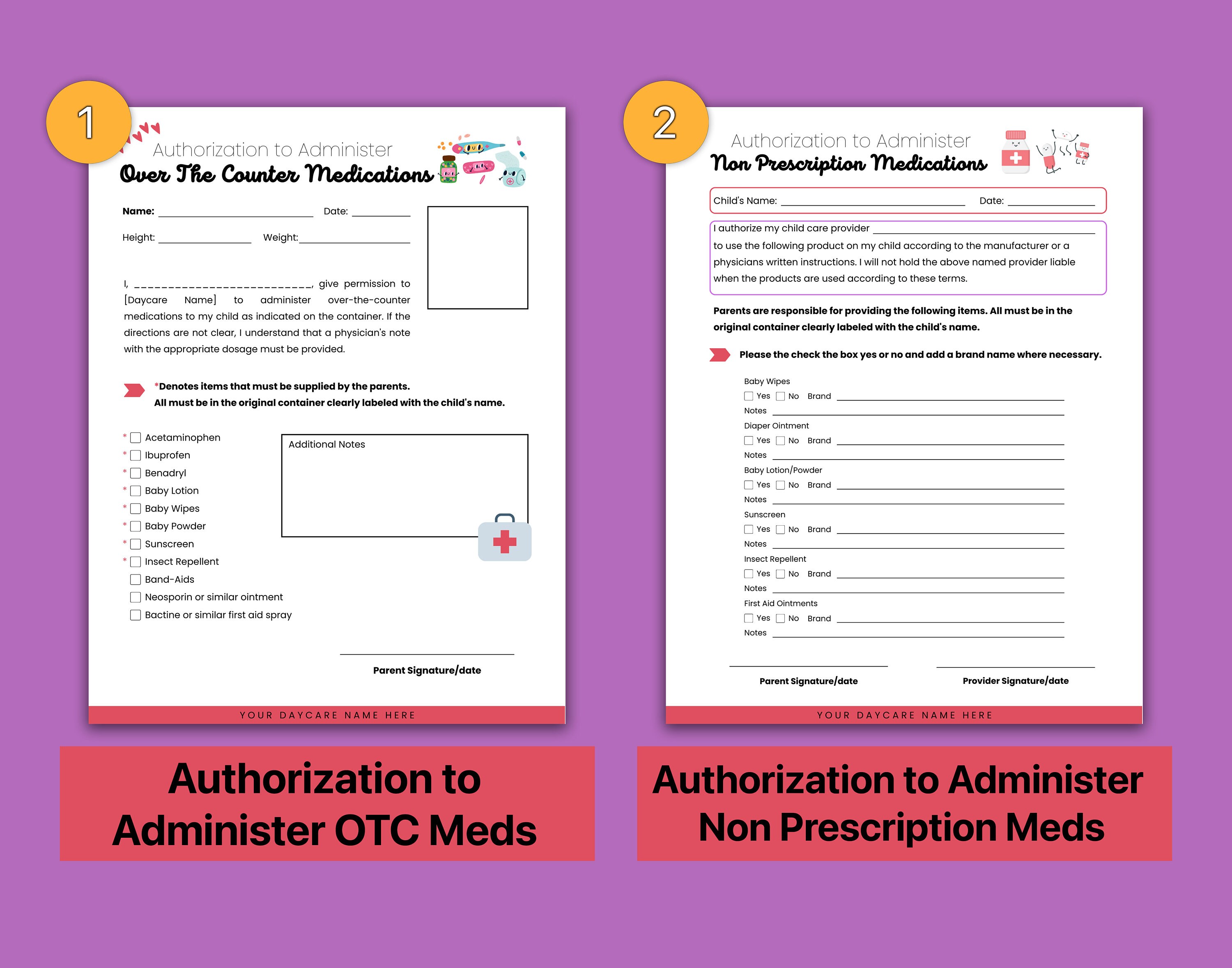 Daycare Medication Forms: Medication Authorization Form, Medication Log ...