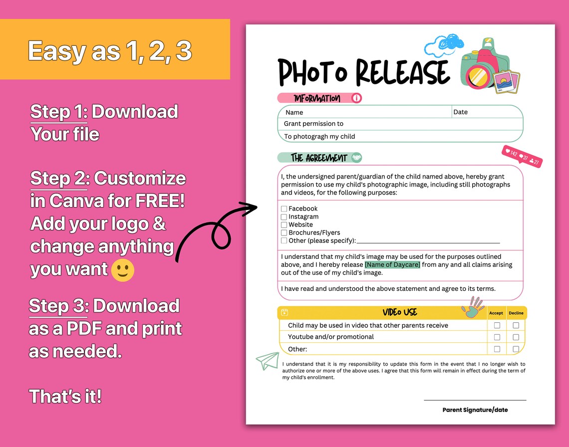 Photo Release Form for Daycare Preschool and More - Etsy