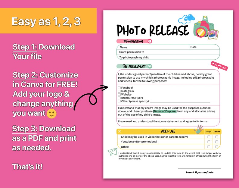 Photo Release Form for Daycare, Preschool, and More - Etsy