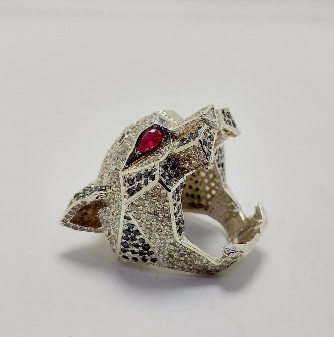 Panther Design Ring Natural Red Ruby Eyes Ring for Men's 925 Silver ...