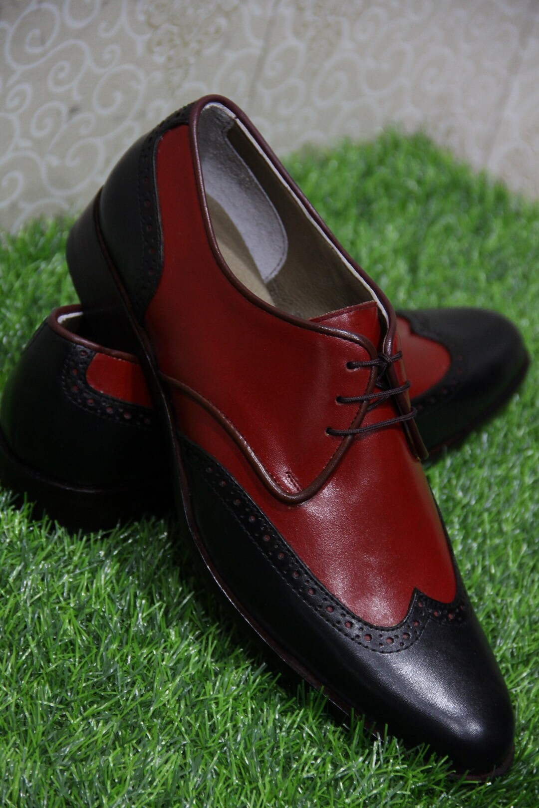 Men's White &red Unique Cow Leather Touch Wingtip Oxford - Etsy