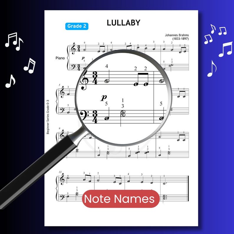 Brahms Lullaby - Grade 2 Easy Piano Sheet Music PDF With MP3, Finger ...