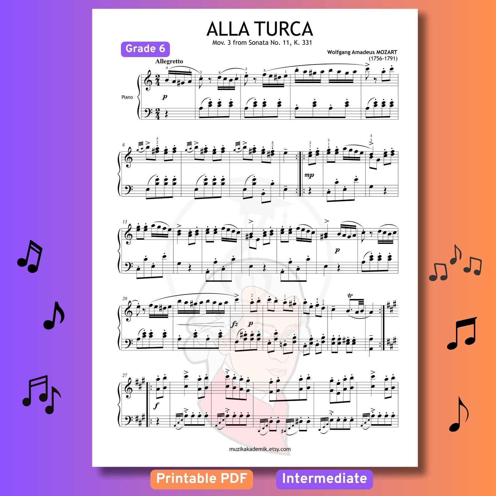 Mozart - Turkish March Alla Turca - Advanced Piano Sheet - Grade 6 - Etsy