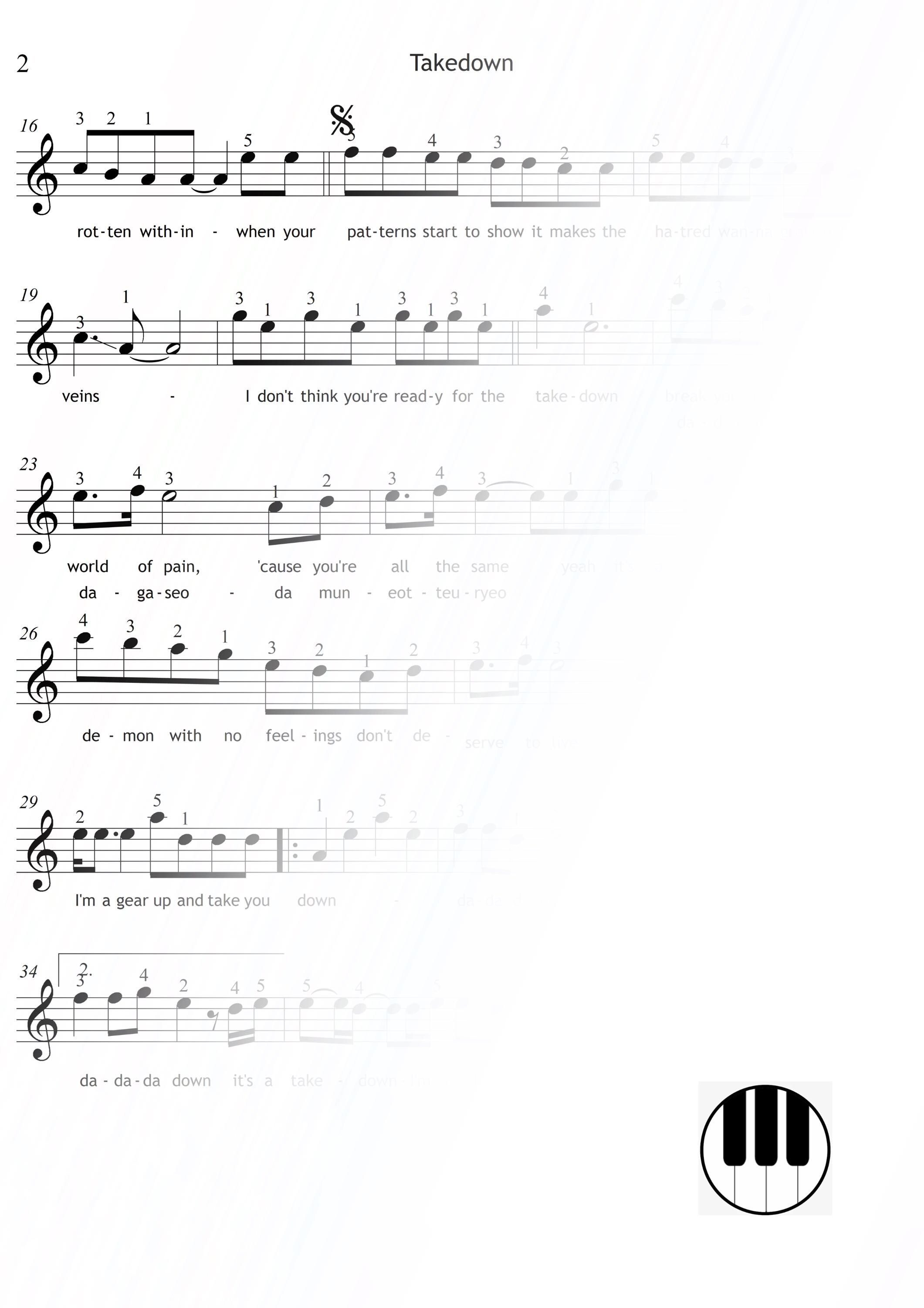 Takedown – Demon Hunters KPOP | Beginner Grade 0 Very Easy Piano Sheet ...