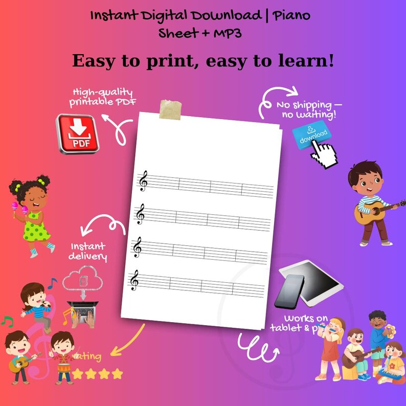 Kids Music Staff Paper | Printable Blank Sheet Music PDF | Treble, Bass ...