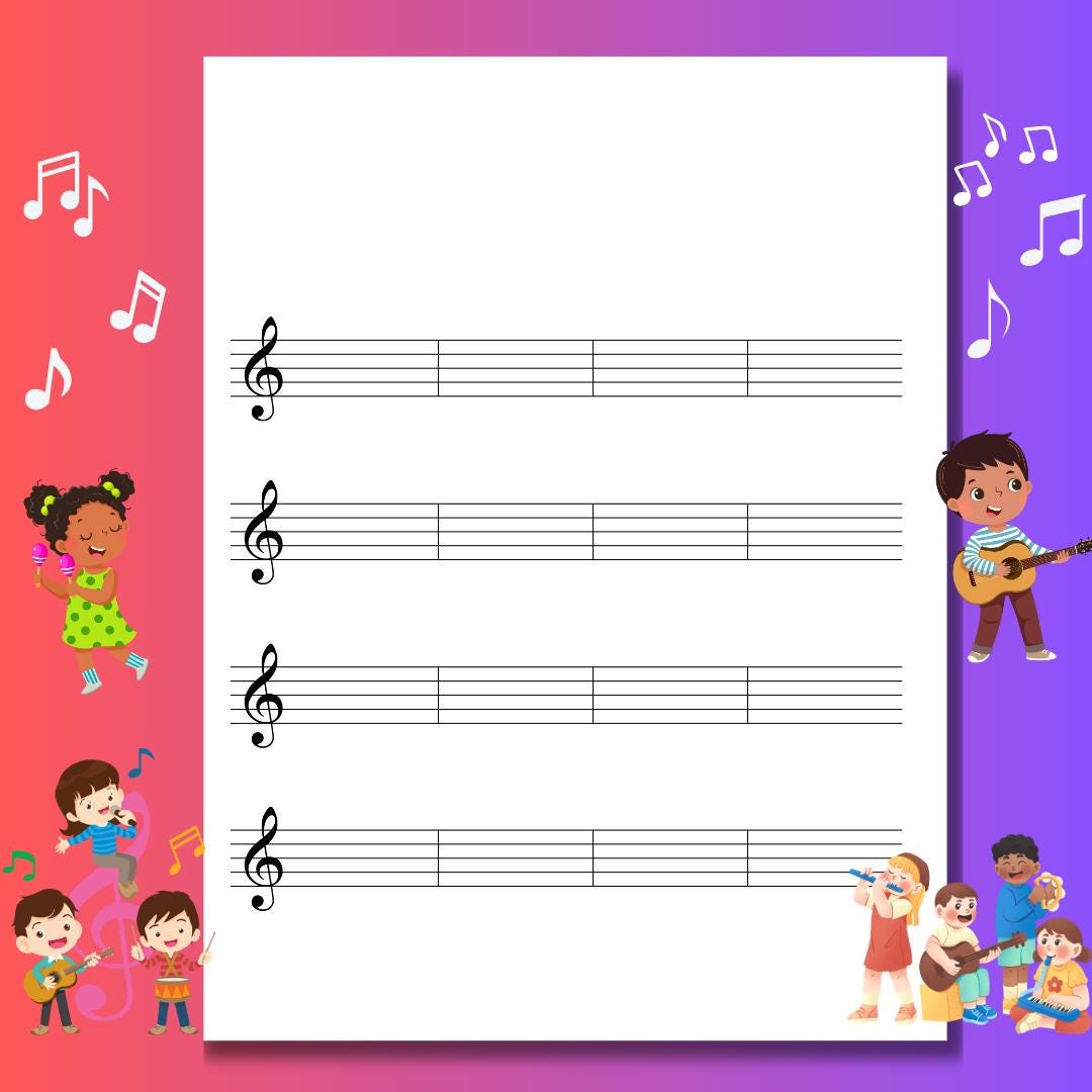 Kids Music Staff Paper | Printable Blank Sheet Music PDF | Treble, Bass ...