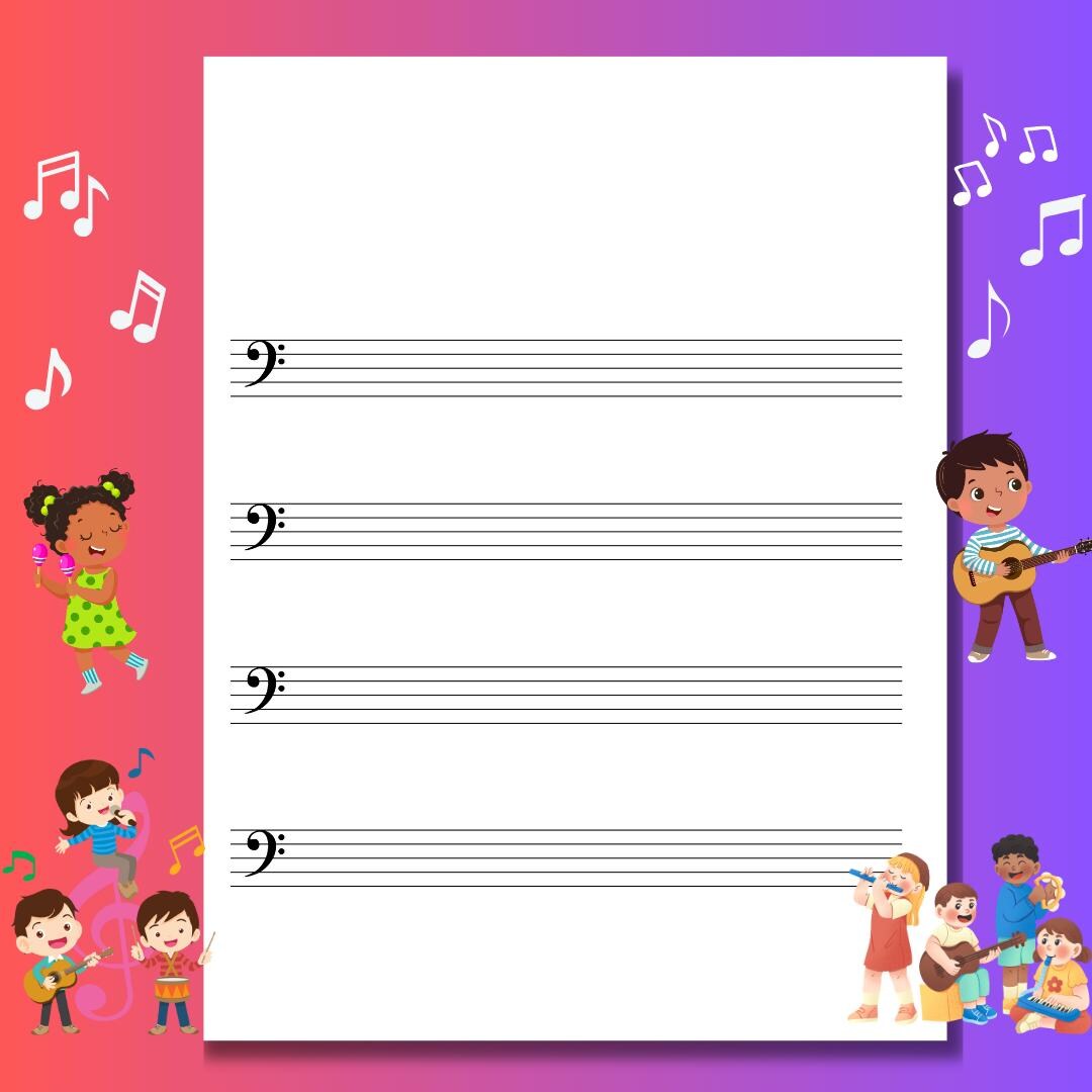 Kids Music Staff Paper | Printable Blank Sheet Music PDF | Treble, Bass ...