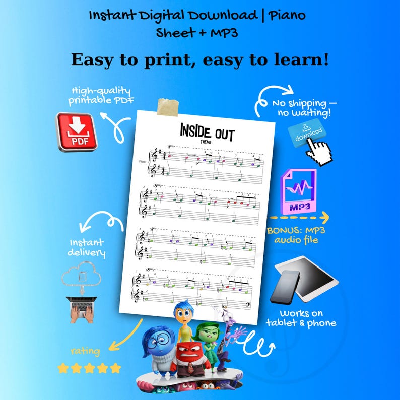Inside Out - Grade 1 - Easy Piano Sheet for Absolute Beginners Colored ...