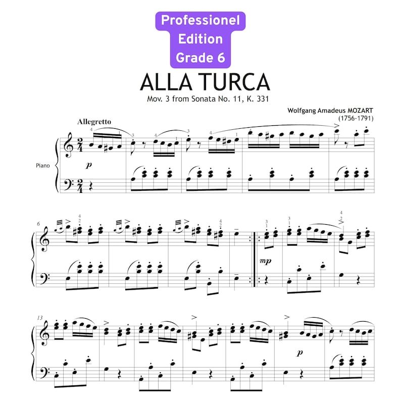 Mozart - Turkish March Alla Turca - Advanced Piano Sheet - Grade 6 - Etsy