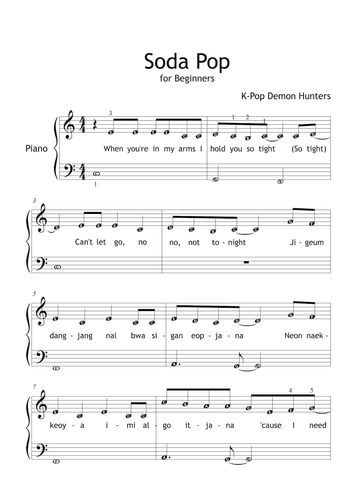 Soda Pop (saja Boys) Kpop Demon Hunters | Simplified Easy Piano Sheet Music PDF Instant Download ...