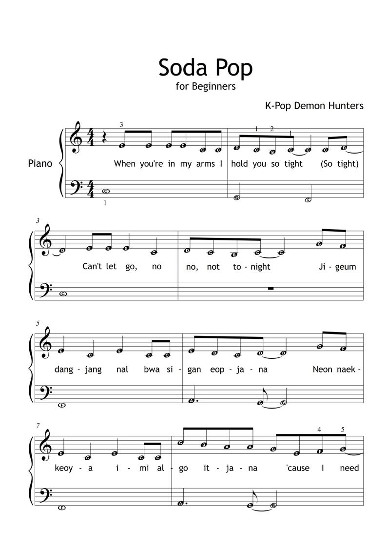 Soda Pop (saja Boys) Kpop Demon Hunters | Simplified Easy Piano Sheet ...