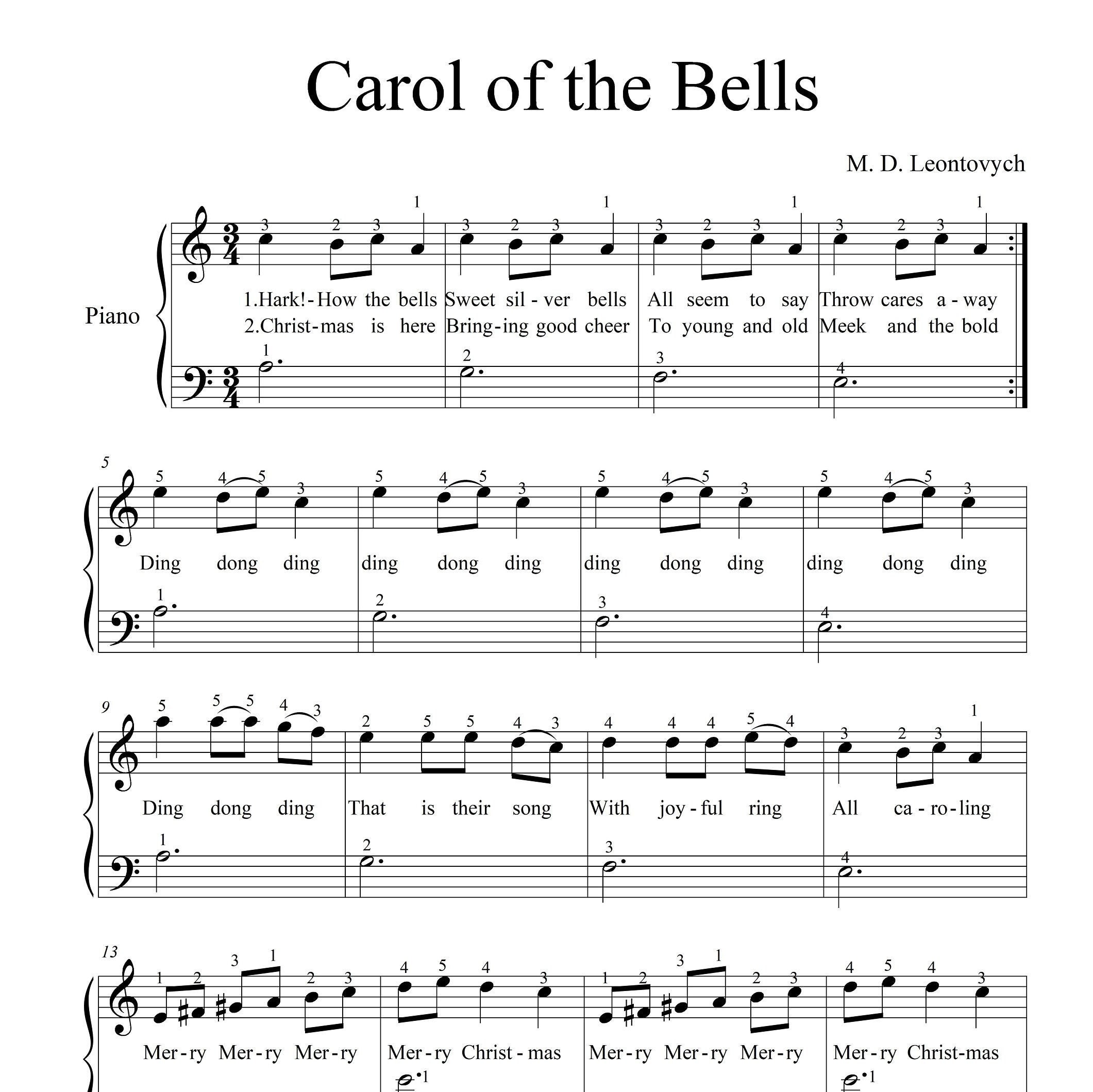 Carol of the Bells - Very Easy Piano Sheets - Digital Download - With ...