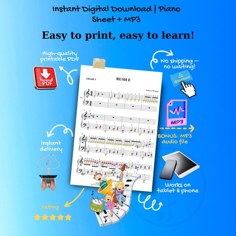 Rush E - Grade 1 - Easy Piano Sheet Music - Digital Download - With ...