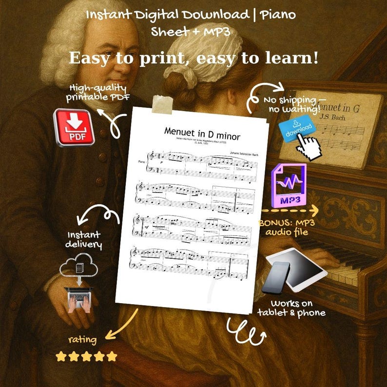 Bach's Menuet in D Minor – Easy Piano Sheet Music PDF by J.S. Bach for ...