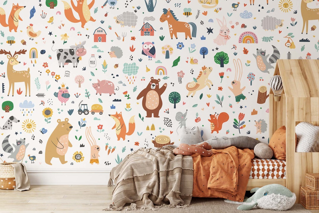 Kids Bedroom Wallpaper With Farm Animal Illustrations, Bear, Fox ...