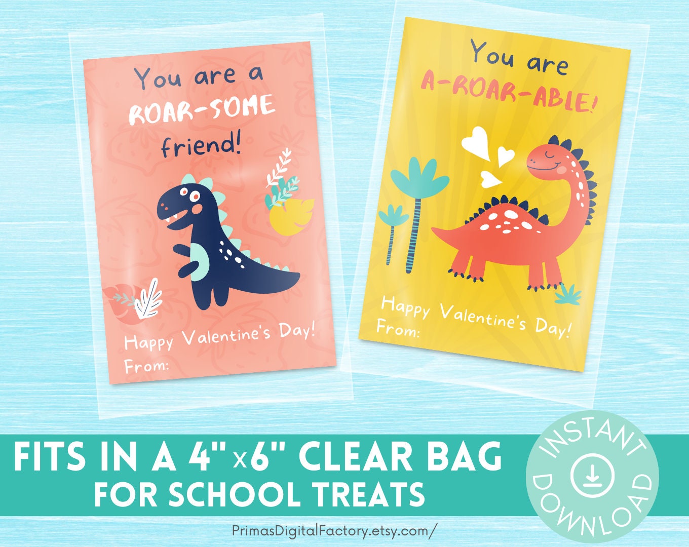 Printable Dinosaur Valentines for Kids Card Set, Classroom Valentine's ...
