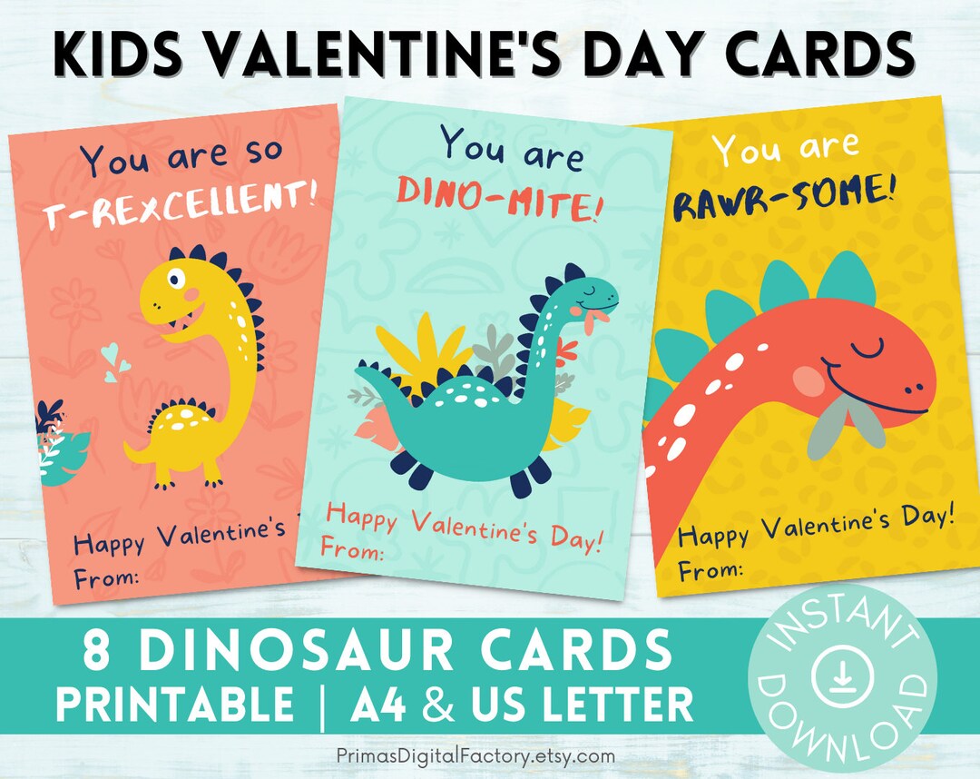 Printable Dinosaur Valentines for Kids Card Set, Classroom Valentine's ...