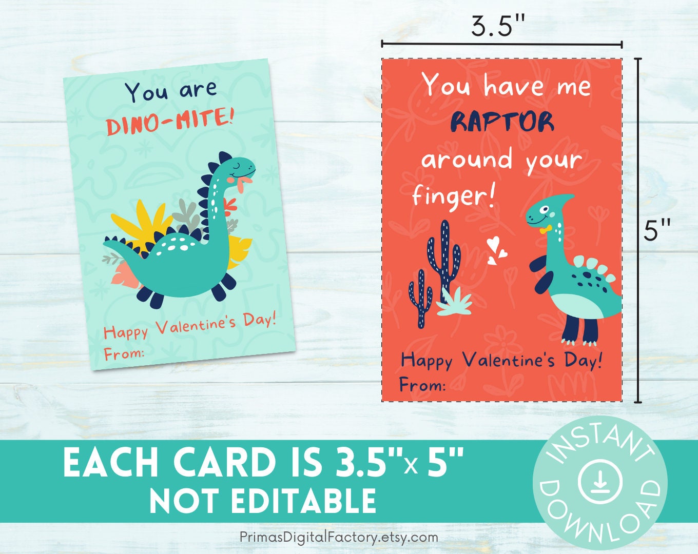 Printable Dinosaur Valentines for Kids Card Set, Classroom Valentine's ...