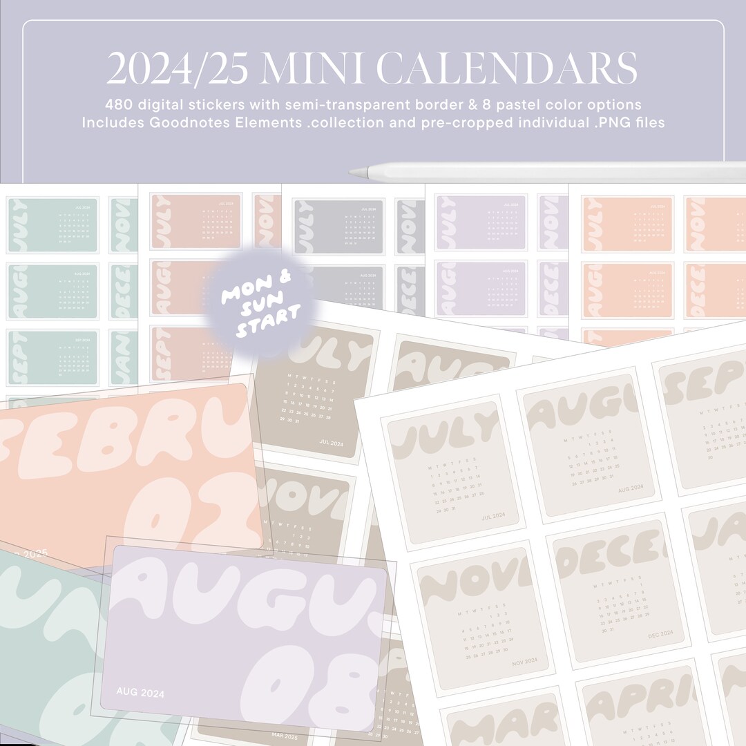 Pastel 2024/25 Mini Calendar Digital Stickers for Digital Planner ...