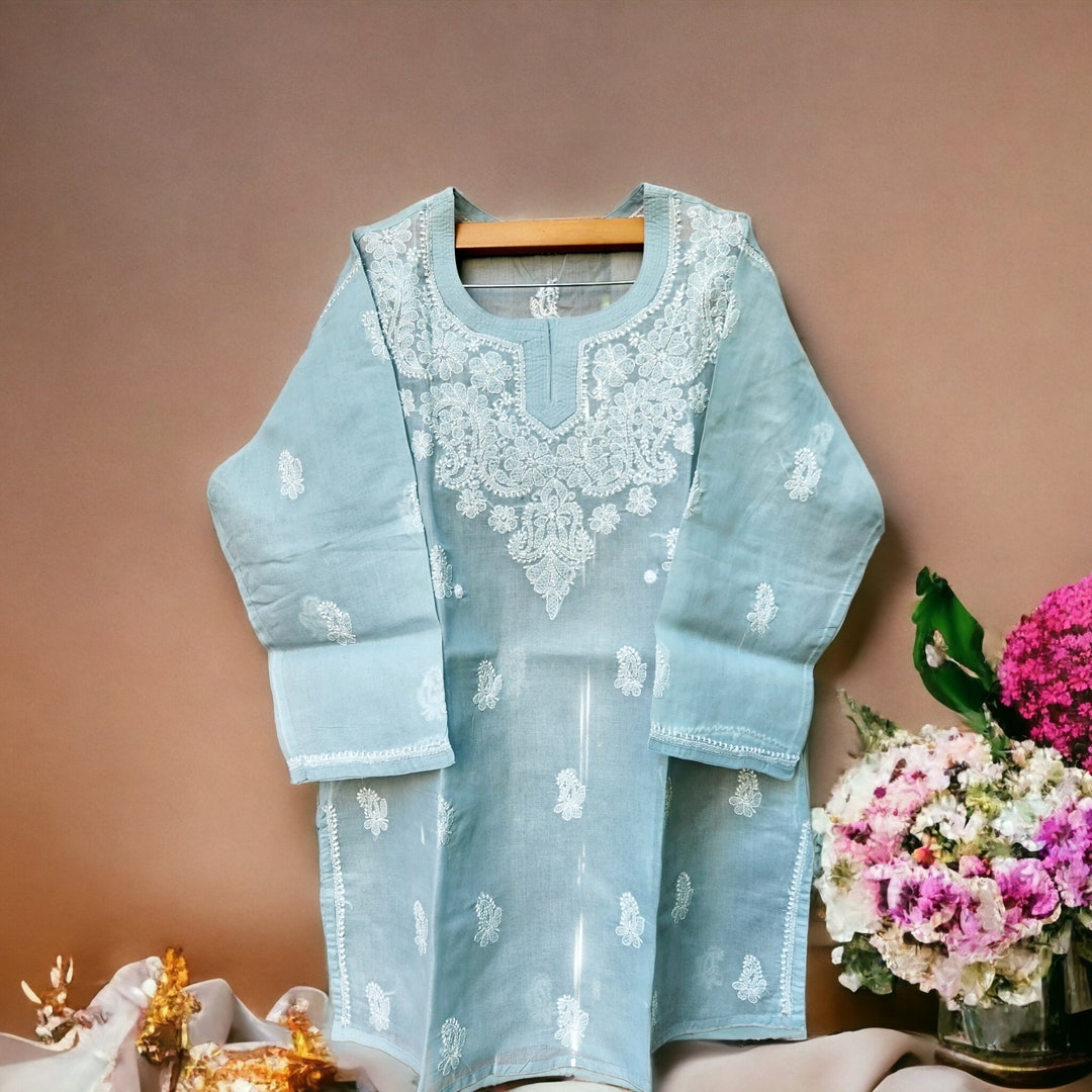 Modern Indian Short Kurta Chikan Short Tunic Top 3/4 Sleeve Ethnic Top ...