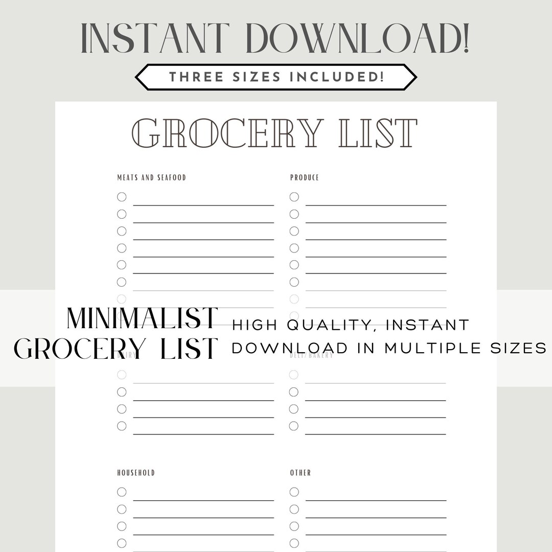 Grocery List Minimalist Printable Template, Fillable Grocery List, Food ...