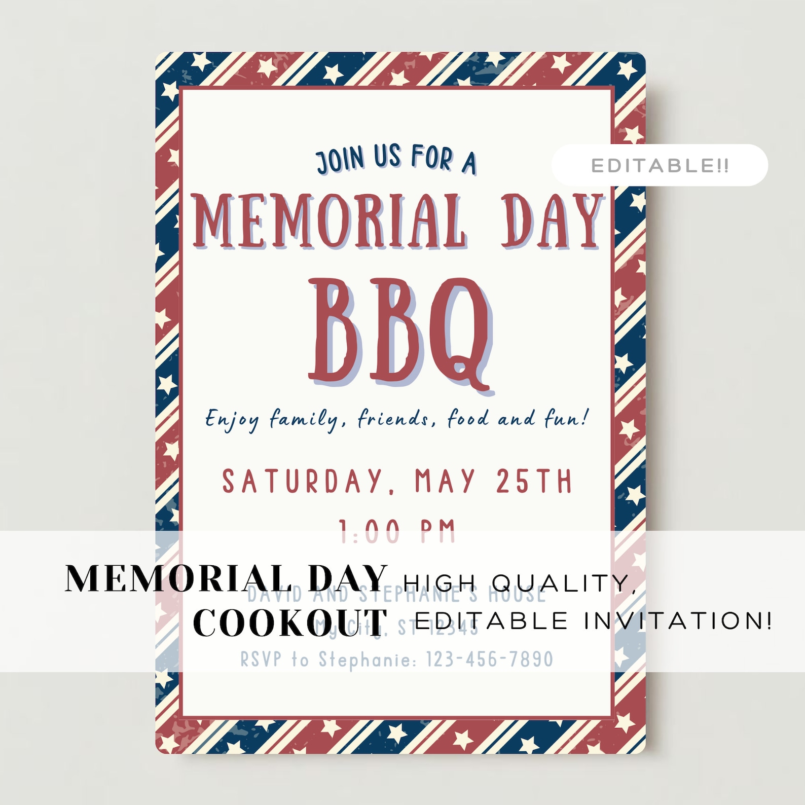 Memorial Day Cookout Invitation, Editable Printable, DIY BBQ Invite for ...