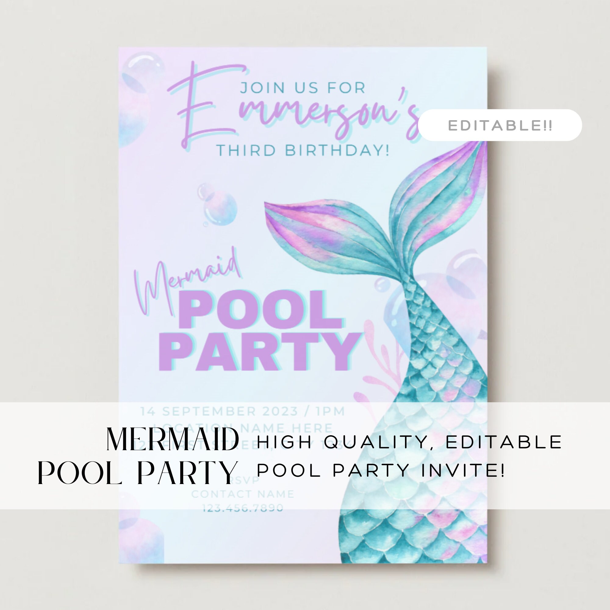 Mermaid Pool Party Birthday Invitation, Editable Birthday Invitation ...