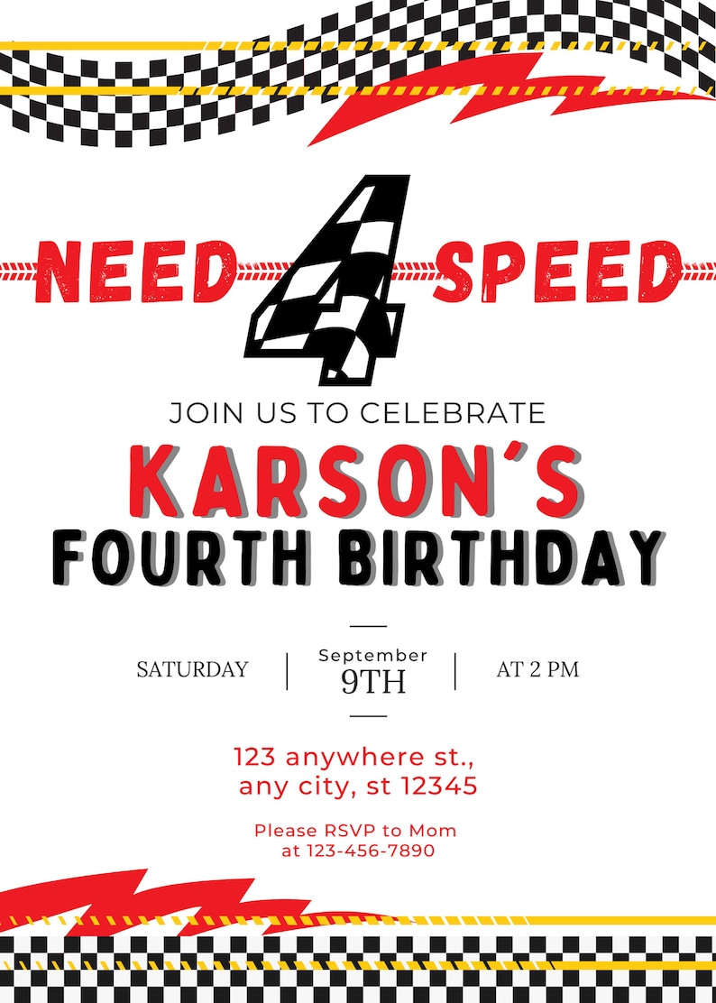 Need Four Speed Birthday Invitation, 4th Birthday Party Invitation ...