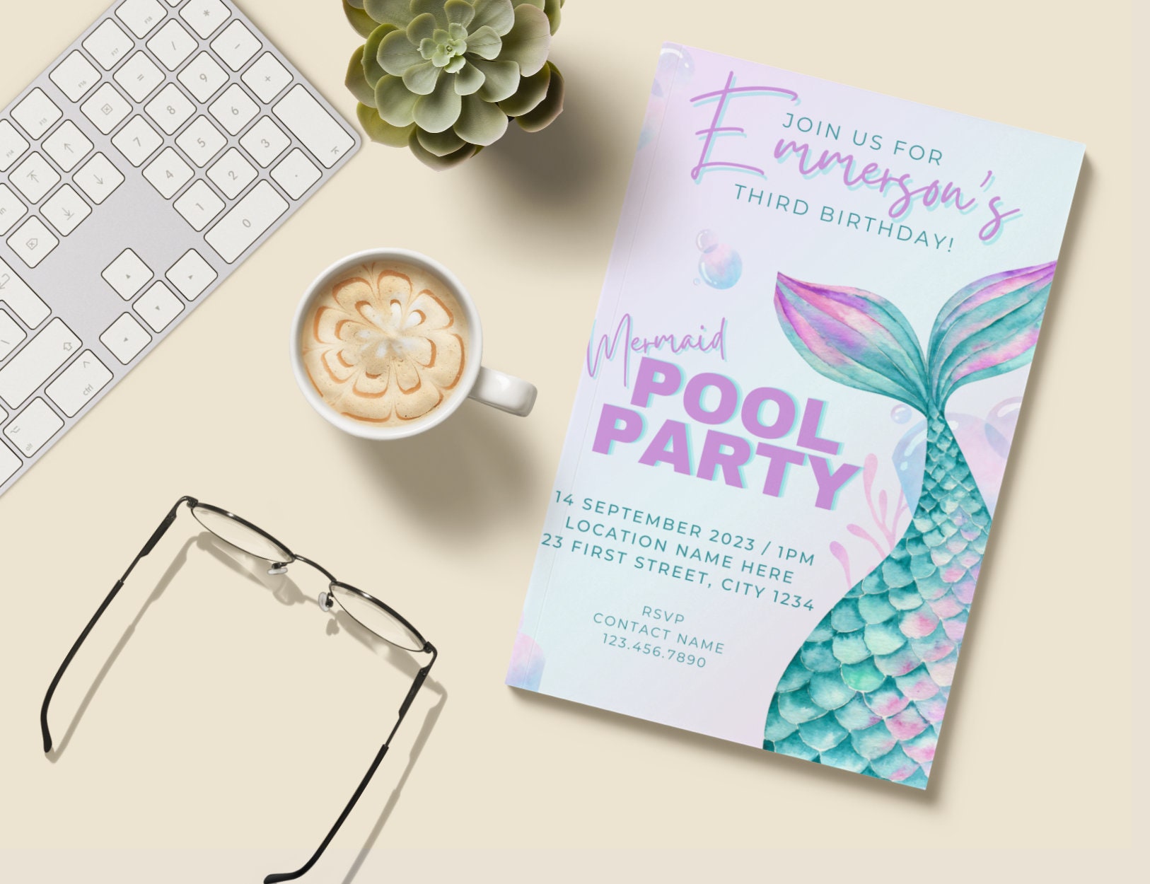 Mermaid Pool Party Birthday Invitation, Editable Birthday Invitation ...
