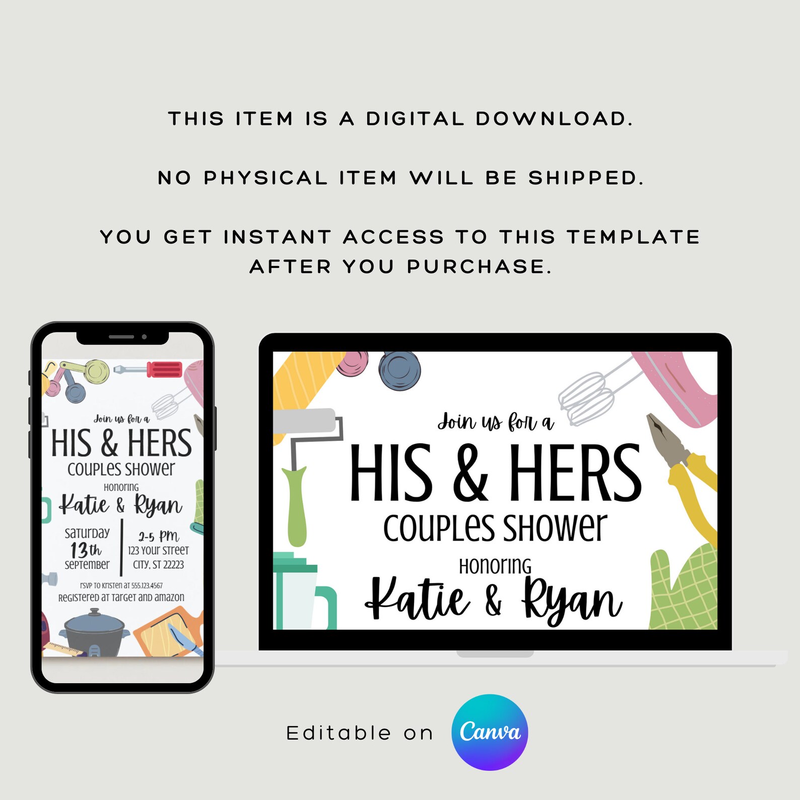 His & Hers Couples Shower Invitation, Editable Invitation, Couples ...