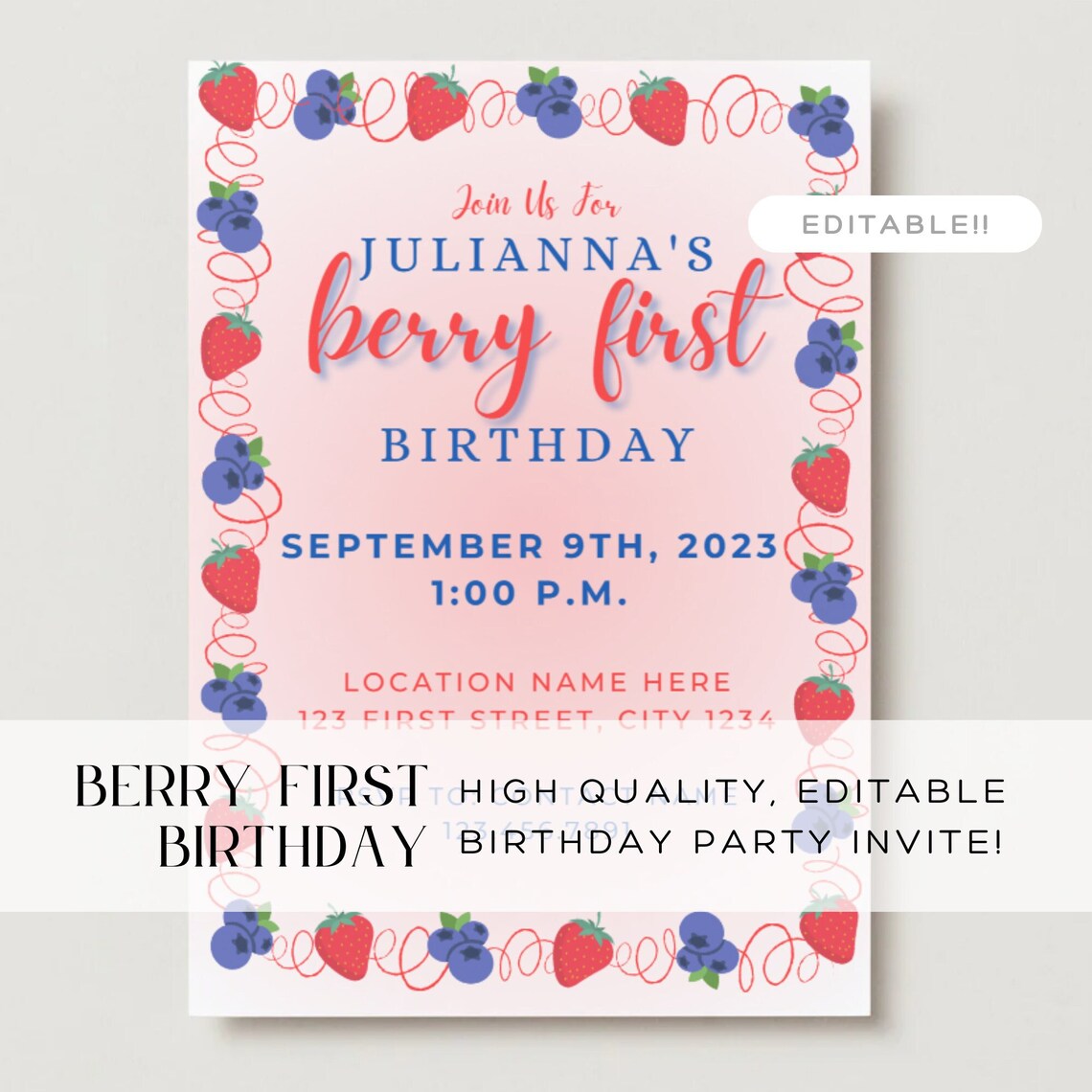 Editable Berry First Birthday Invitation, Canva, Printable Invitation ...