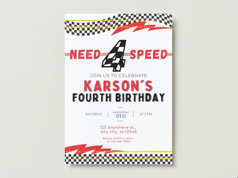 Need Four Speed Birthday Invitation, 4th Birthday Party Invitation ...