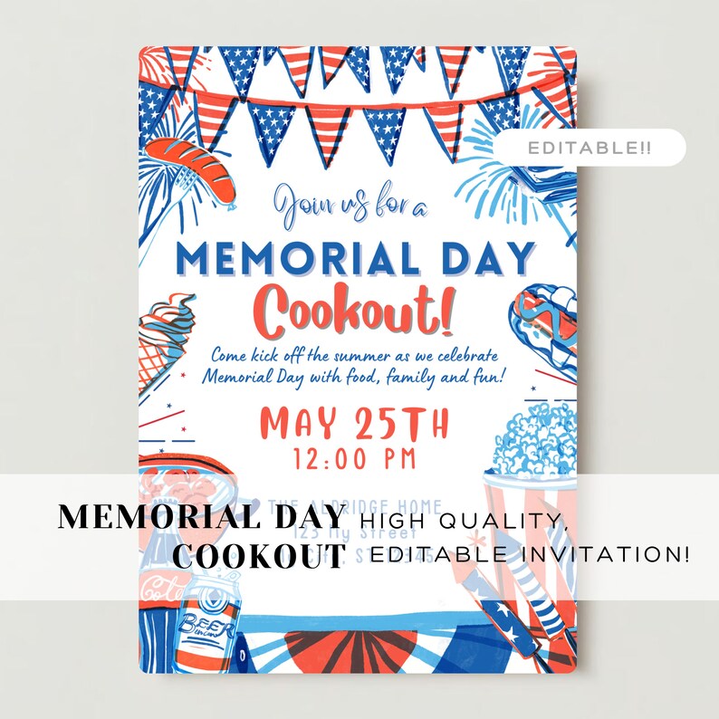 Memorial Day Cookout Invitation, Editable Printable, DIY BBQ Invite for ...