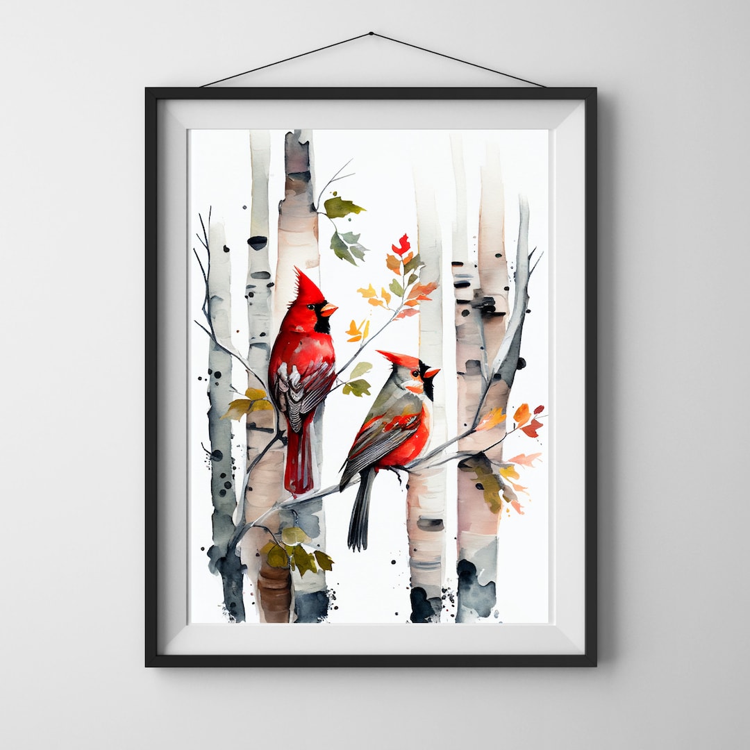Birch Trees and Cardinals Watercolor Digital Download, Digital Art ...