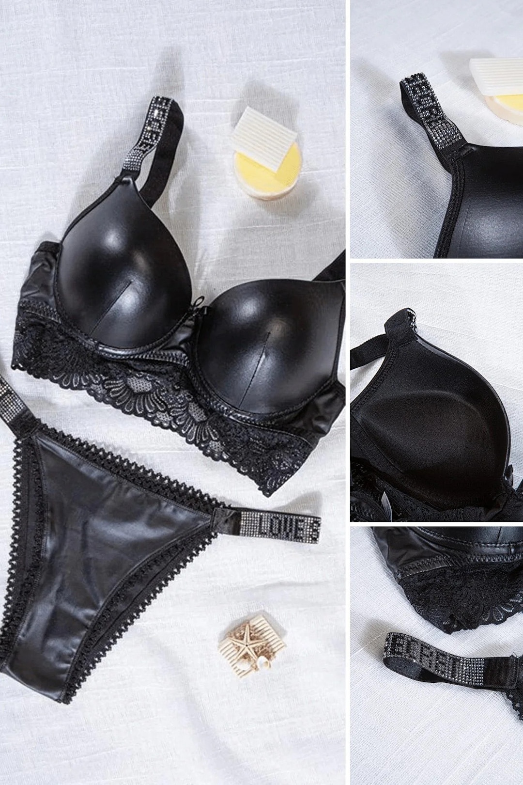Faux Leather Stone Detailed Uplift Lingerie Set, Stone Detailed Shiny ...