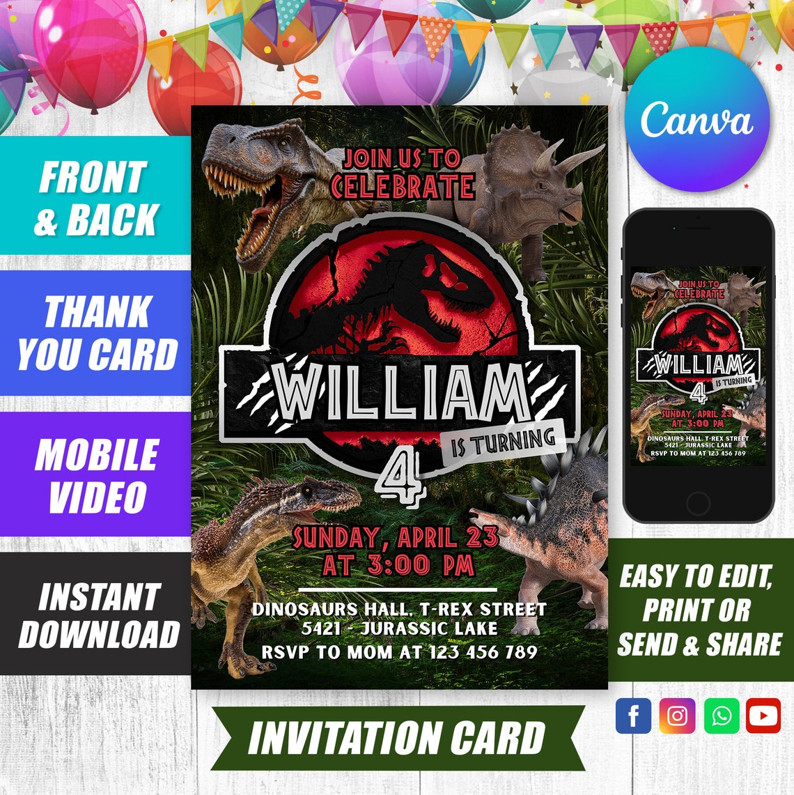 Editable Jurassic World Birthday Invitation Canva Template - Etsy