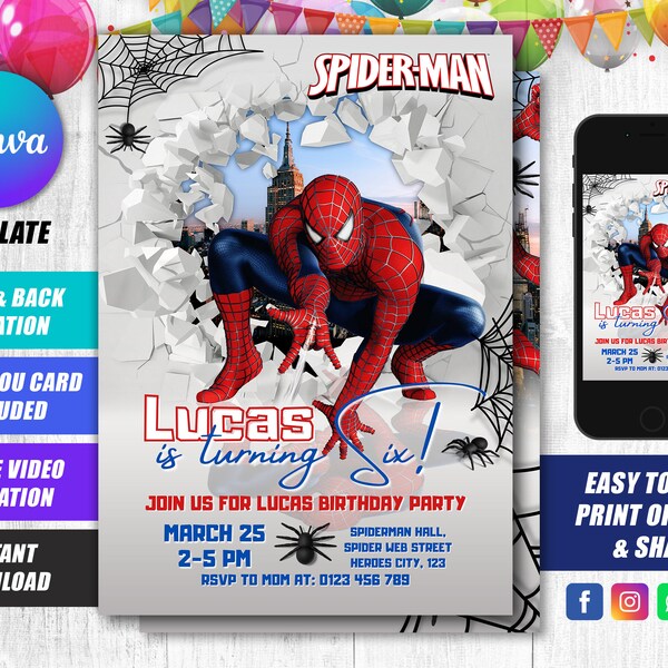 Spiderman Birthday Invitation Canva - Etsy