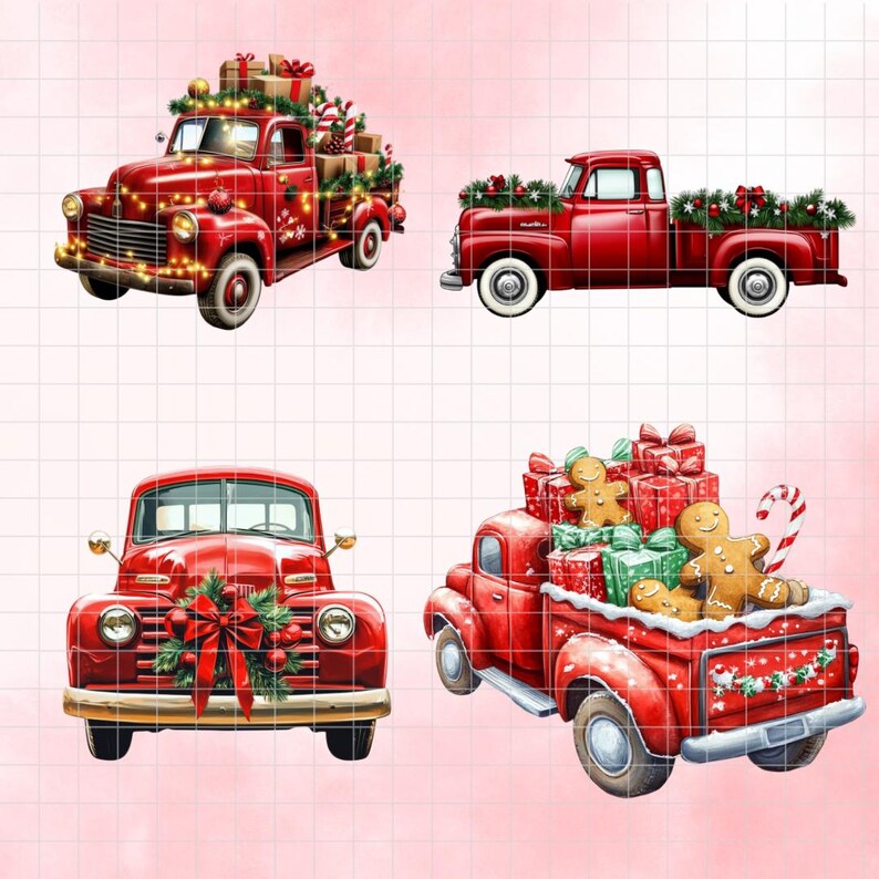 Red Christmas Truck Clipart Set , 16 PNG Files, Festive Holiday ...