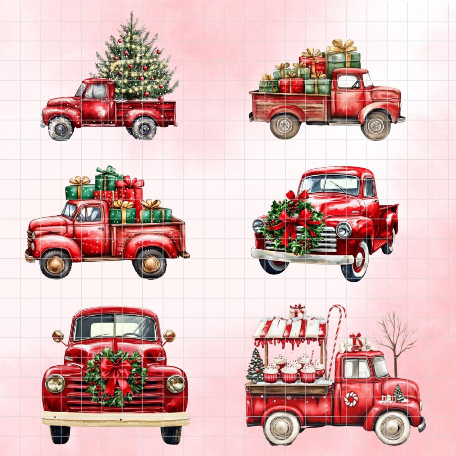 Red Christmas Truck Clipart Set , 16 PNG Files, Festive Holiday ...