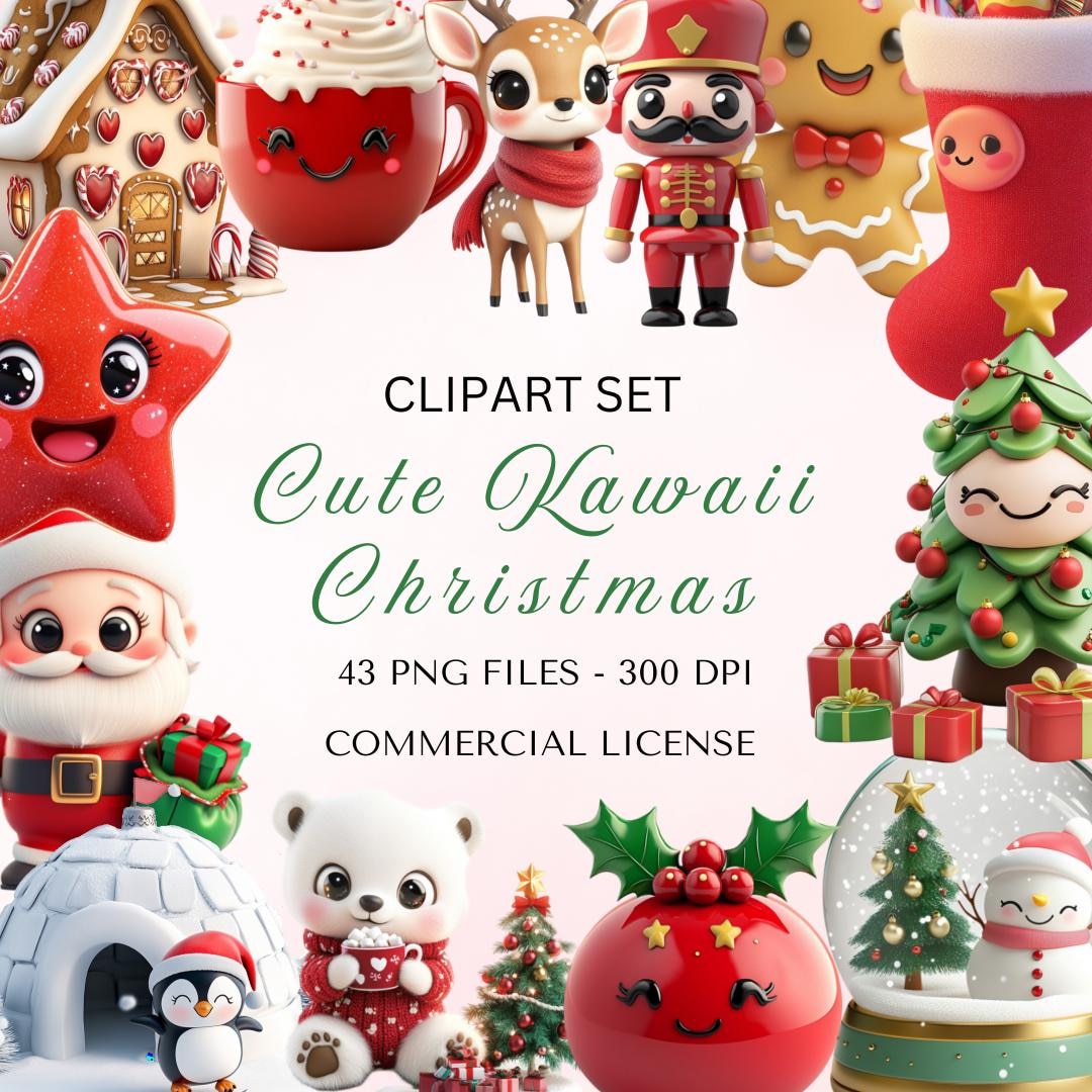 Kawaii Cute Christmas Clipart Set, 43 PNG Files, Adorable Holiday ...