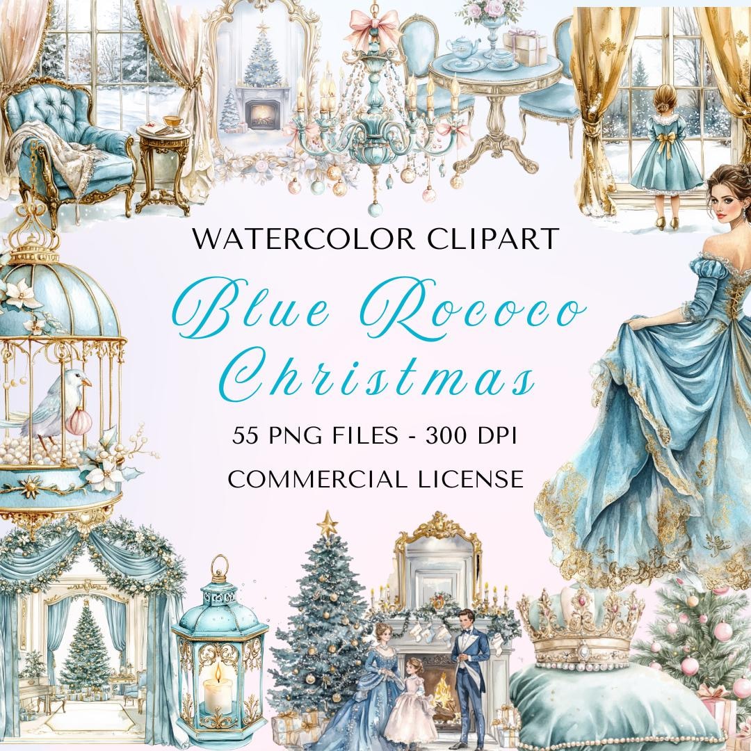 Rococo Blue Christmas and Winter Clipart Set - 55 PNG Files for Holiday ...