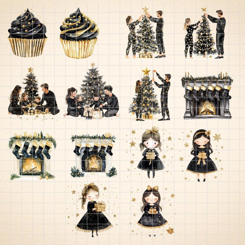 Black and Gold Christmas Watercolor Clipart Set, Elegant Graphics for ...