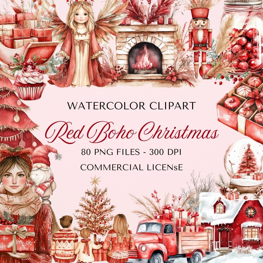 Red Boho Christmas Watercolor Clipart Set - 80 PNG Files for Holiday ...