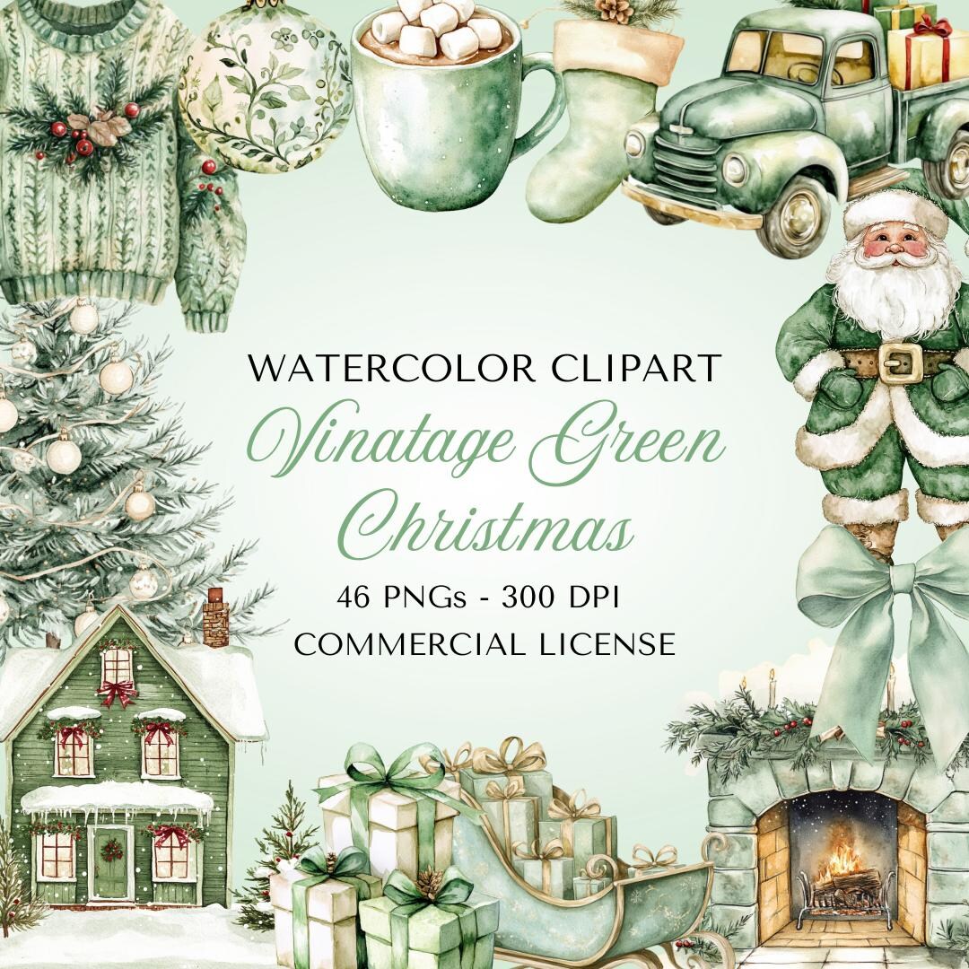 Vintage Green Christmas Clipart Set - 46 PNG Files for Holiday Designs ...