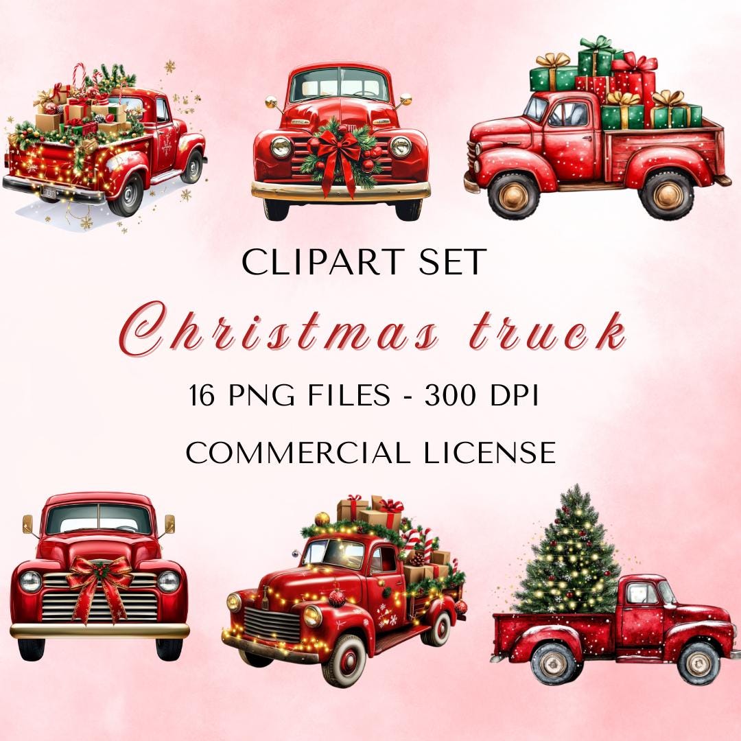 Red Christmas Truck Clipart Set , 16 PNG Files, Festive Holiday ...
