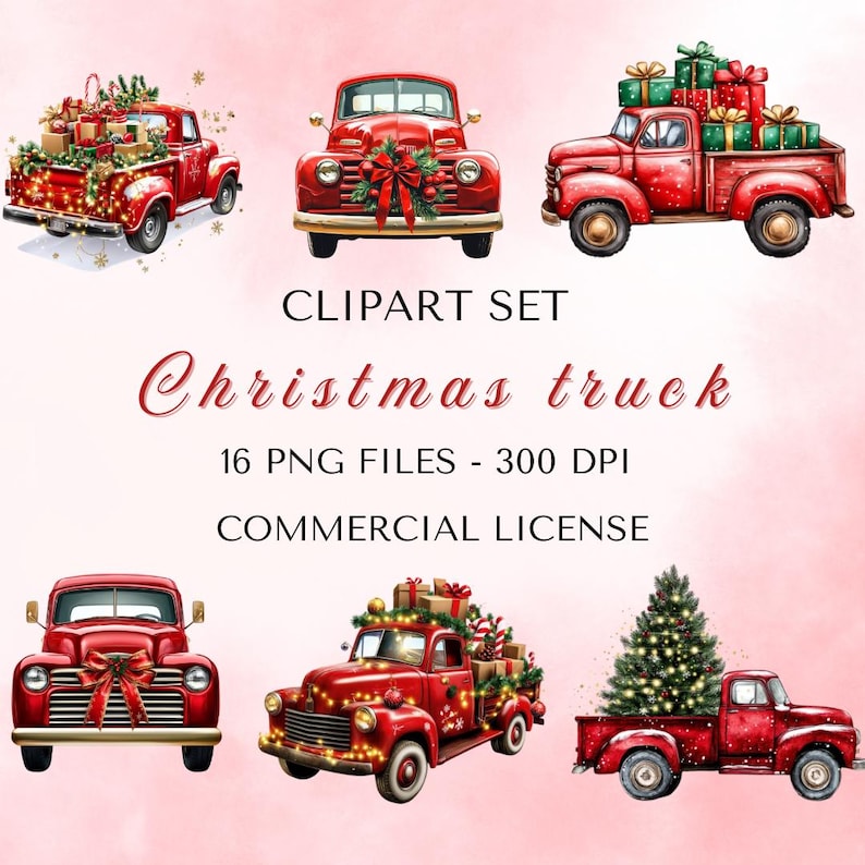 Red Christmas Truck Clipart Set , 16 PNG Files, Festive Holiday ...