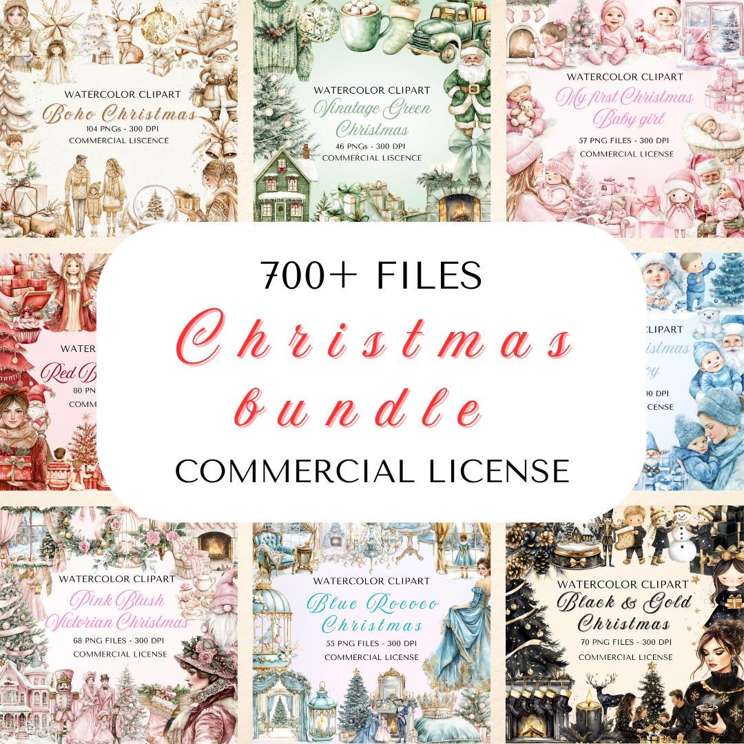 Christmas Bundle Watercolor Clipart, 700+ Festive Graphics for Holiday ...